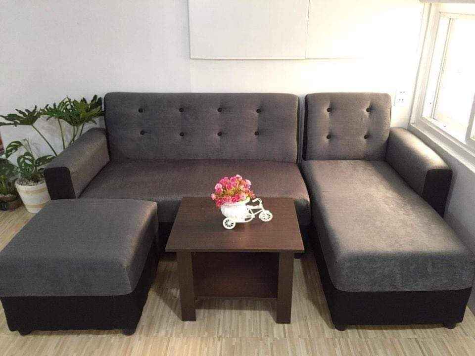 SALA SET L SHAPE DARK GREY FABRIC BUTTONS FABRIC WITH CENTER TABLE ...