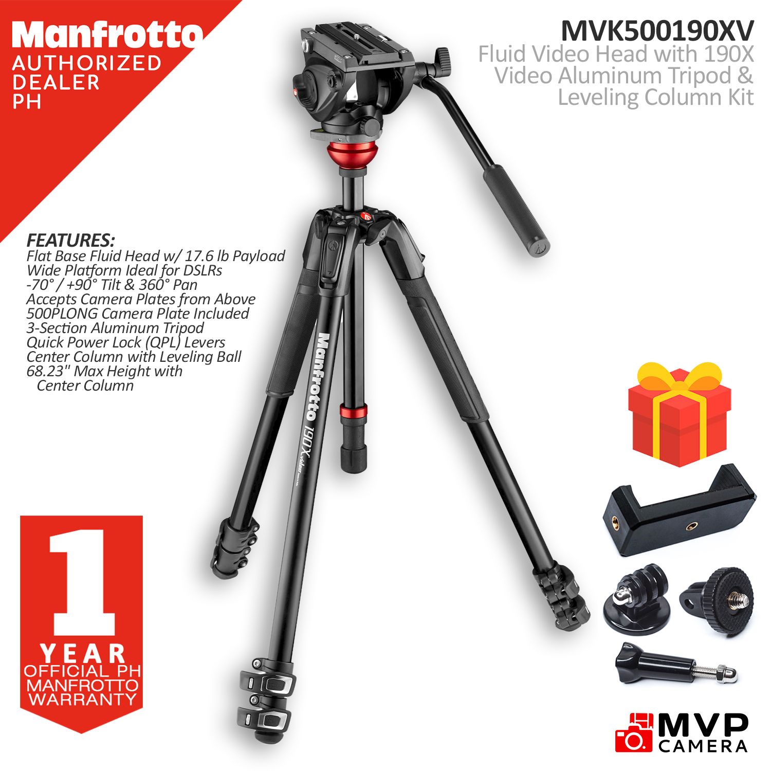 Manfrotto MVK500190XV 500 Fluid Video Head with 190X Video Aluminum ...