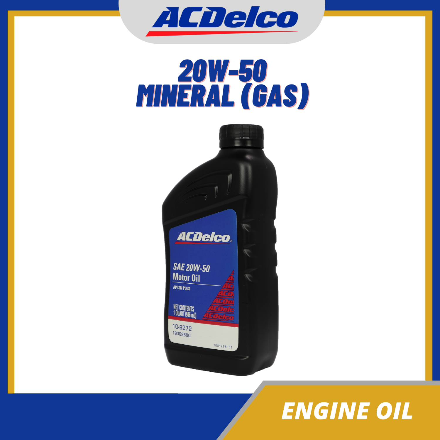 ACDelco SAE 20W50 (20W-50) Motor Oil API SN Plus 1 Quart (946mL ...