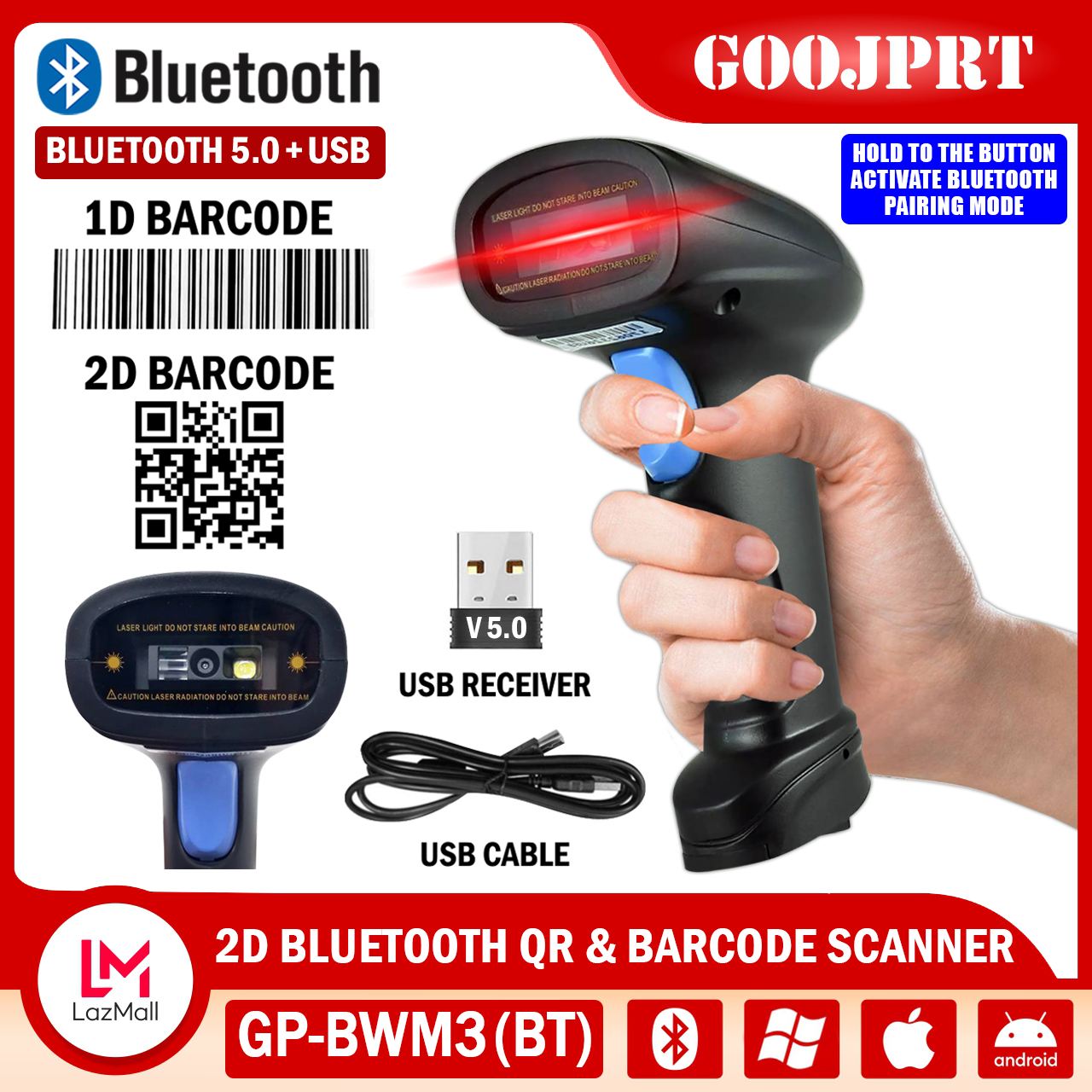 GOOJPRT GP-BWM3 1D 2D QR Codes Portable Wireless Bluetooth Barcode ...