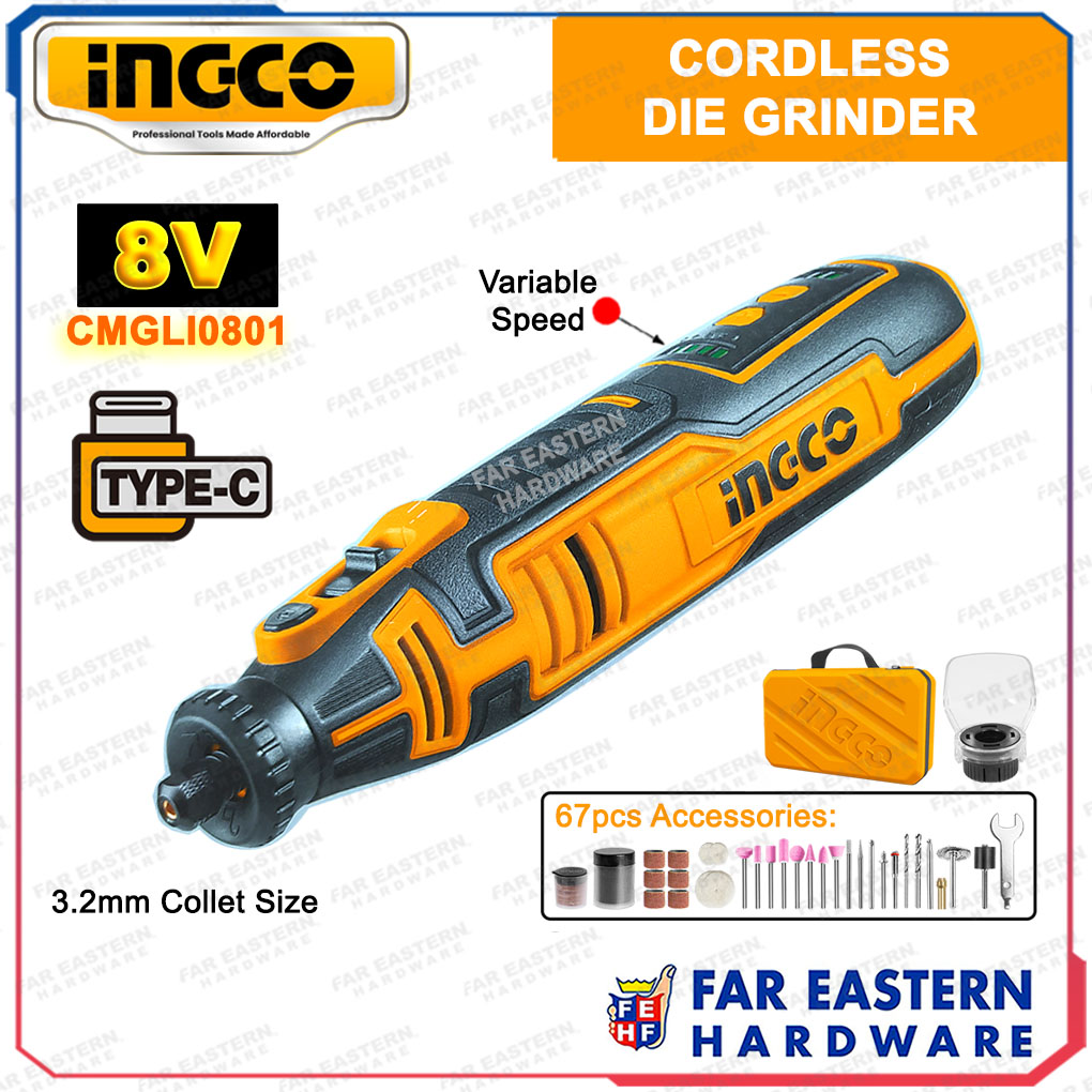 INGCO Cordless Mini Die Grinder Rotary Tool w/ Type C Port & 67pcs Acce ...