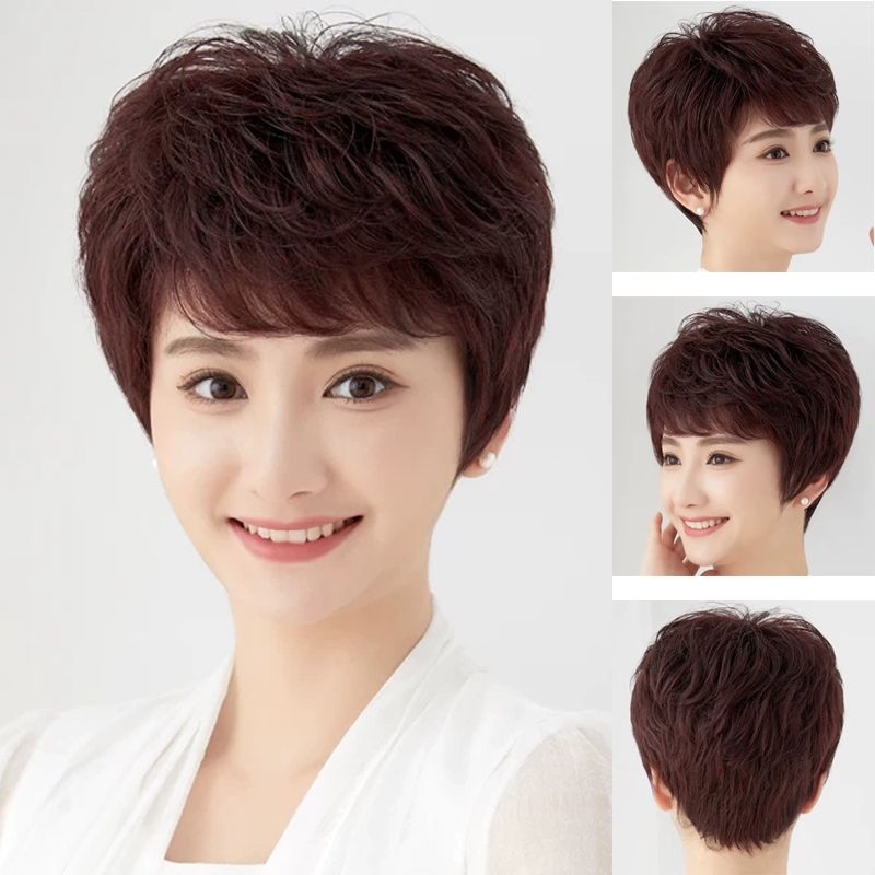 ♨ Real hair wig set female full head realistic natural short mother ...