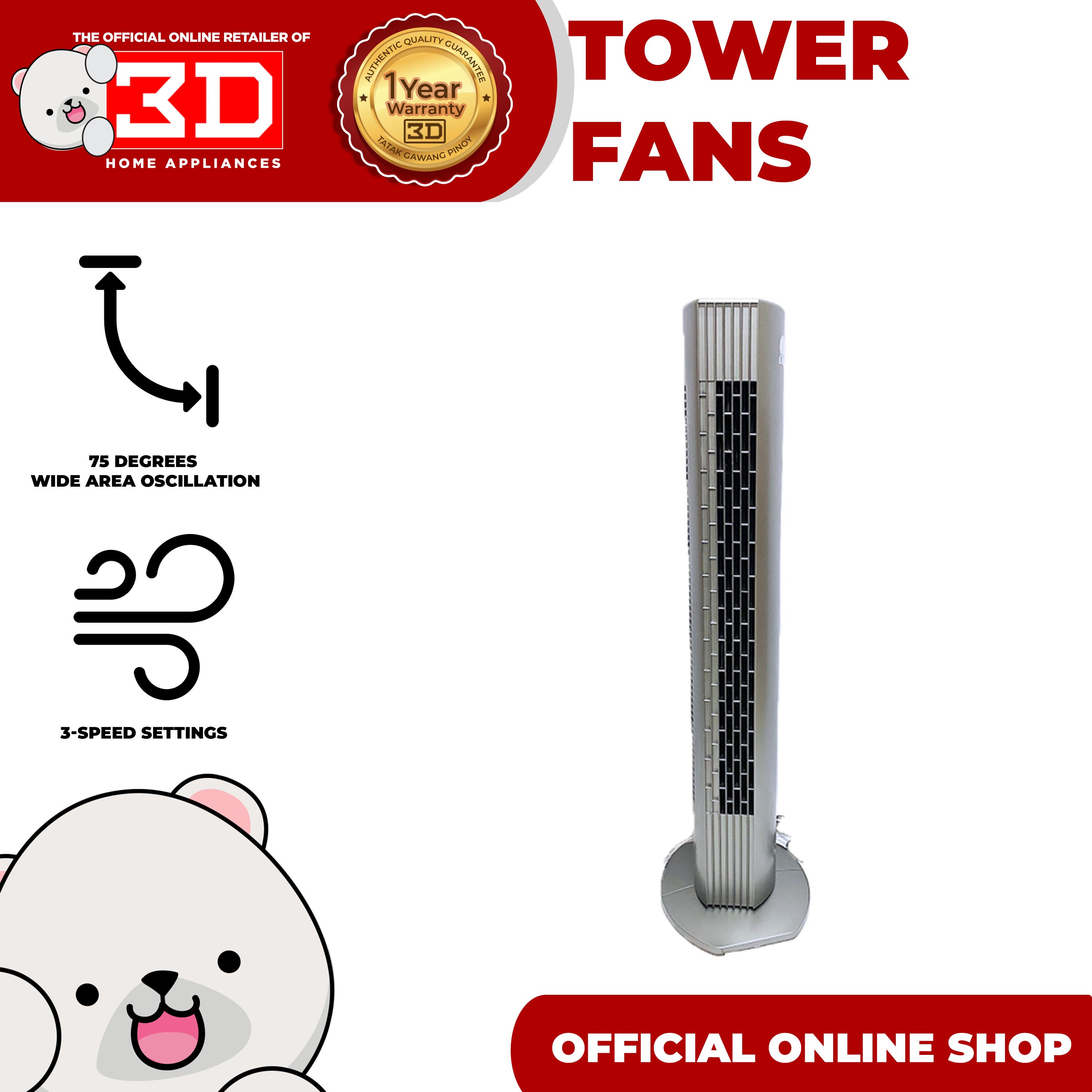 3D Ultra Slim Tower Fan TF10US | Lazada PH