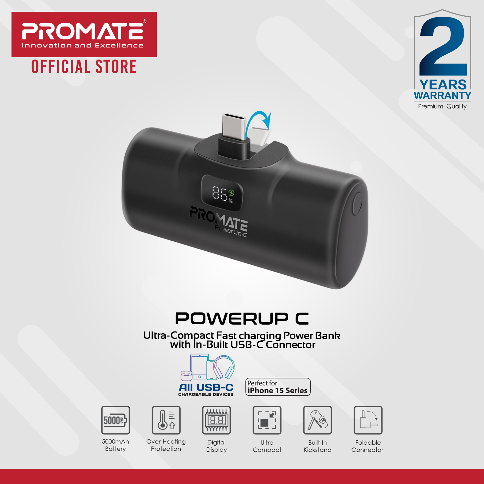 Promate PowerUp-C Ultra Compact Fast Charging Power Bank with Built-in USB-C Connector | Lazada PH