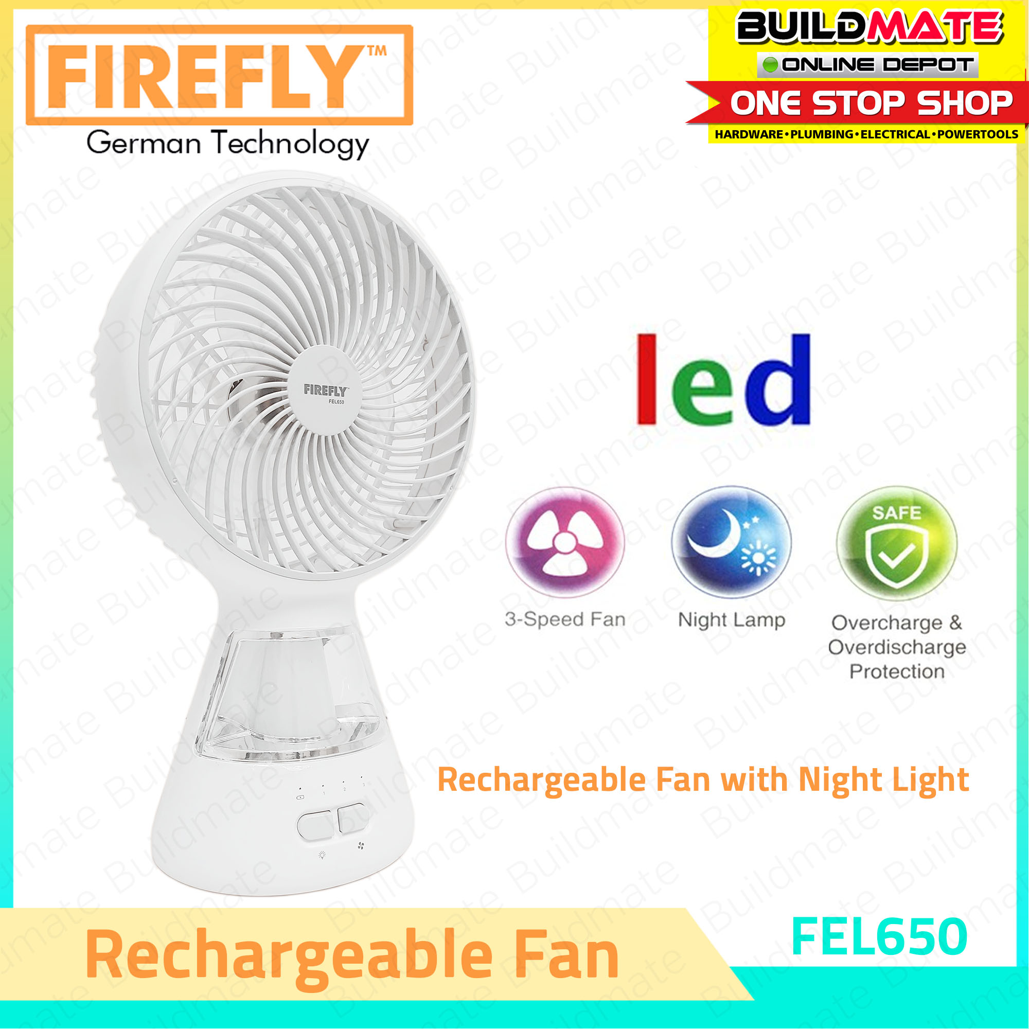 FIREFLY Rechargeable Fan with Night Light FEL-650 - BUILDMATE - | Lazada PH