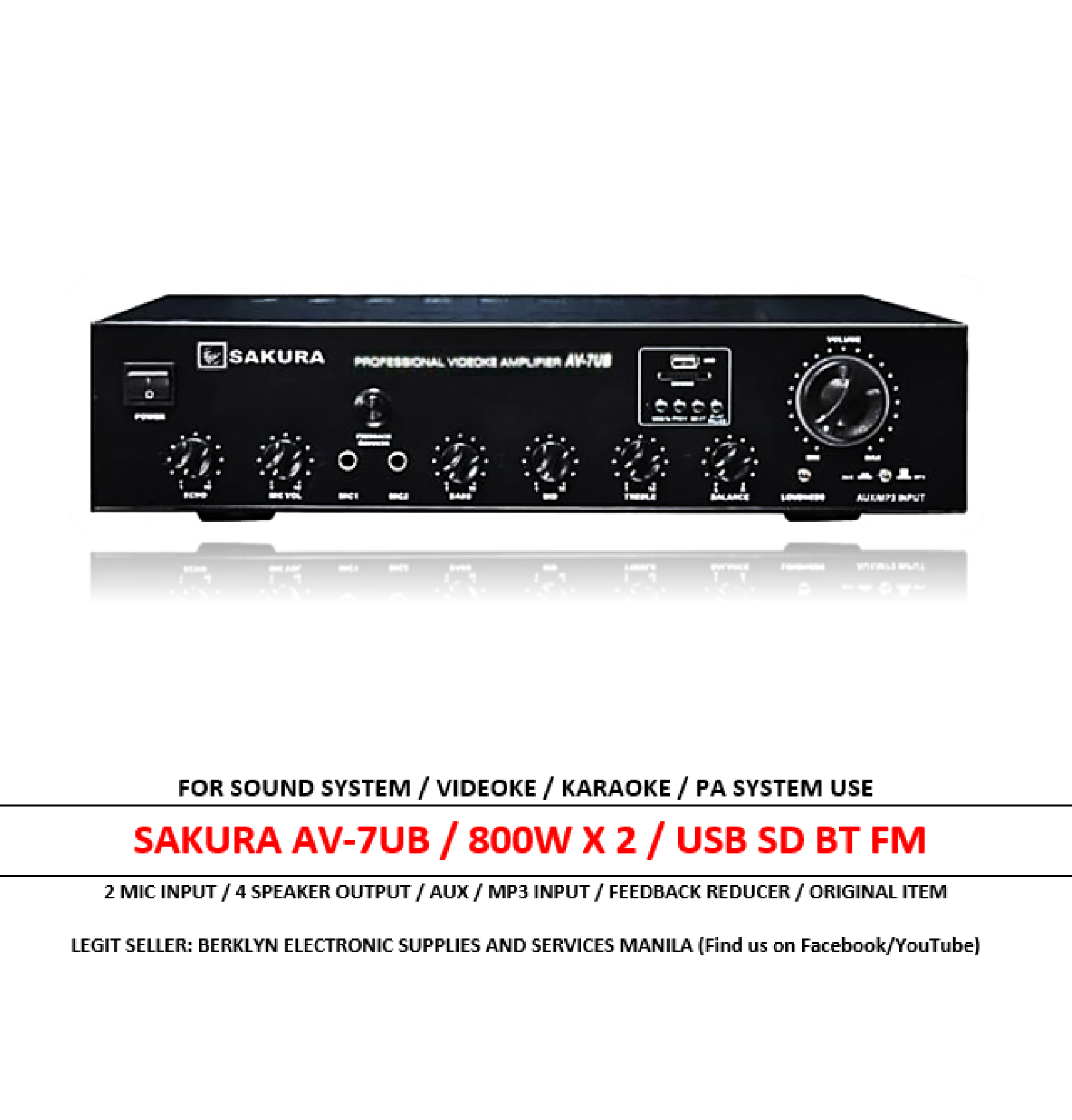 SAKURA AV-7UB / KARAOKE AMPLIFIER / 850W x 2 / USB SD BT FM / AV7UB ...