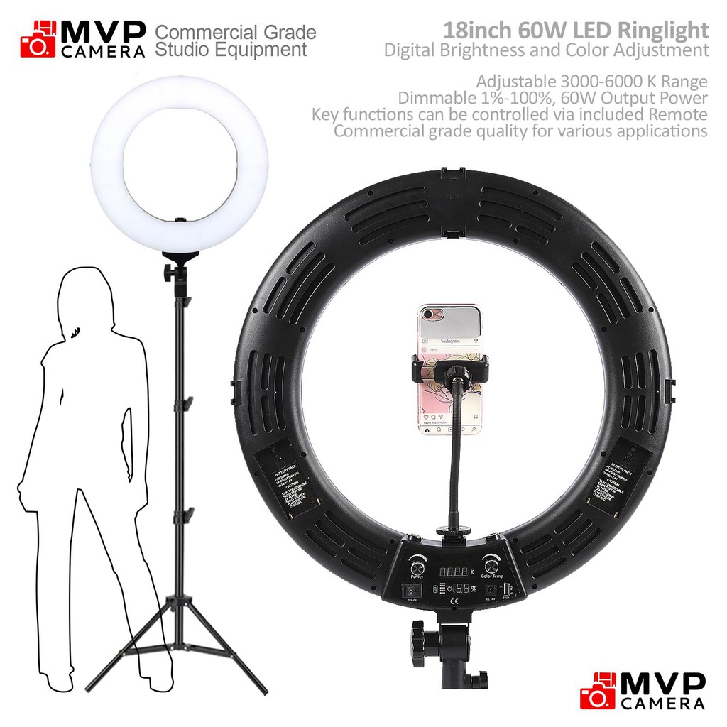 18 Inches LED Ring Light 60W Bi Color Dimmable Commercial Grade Set ...