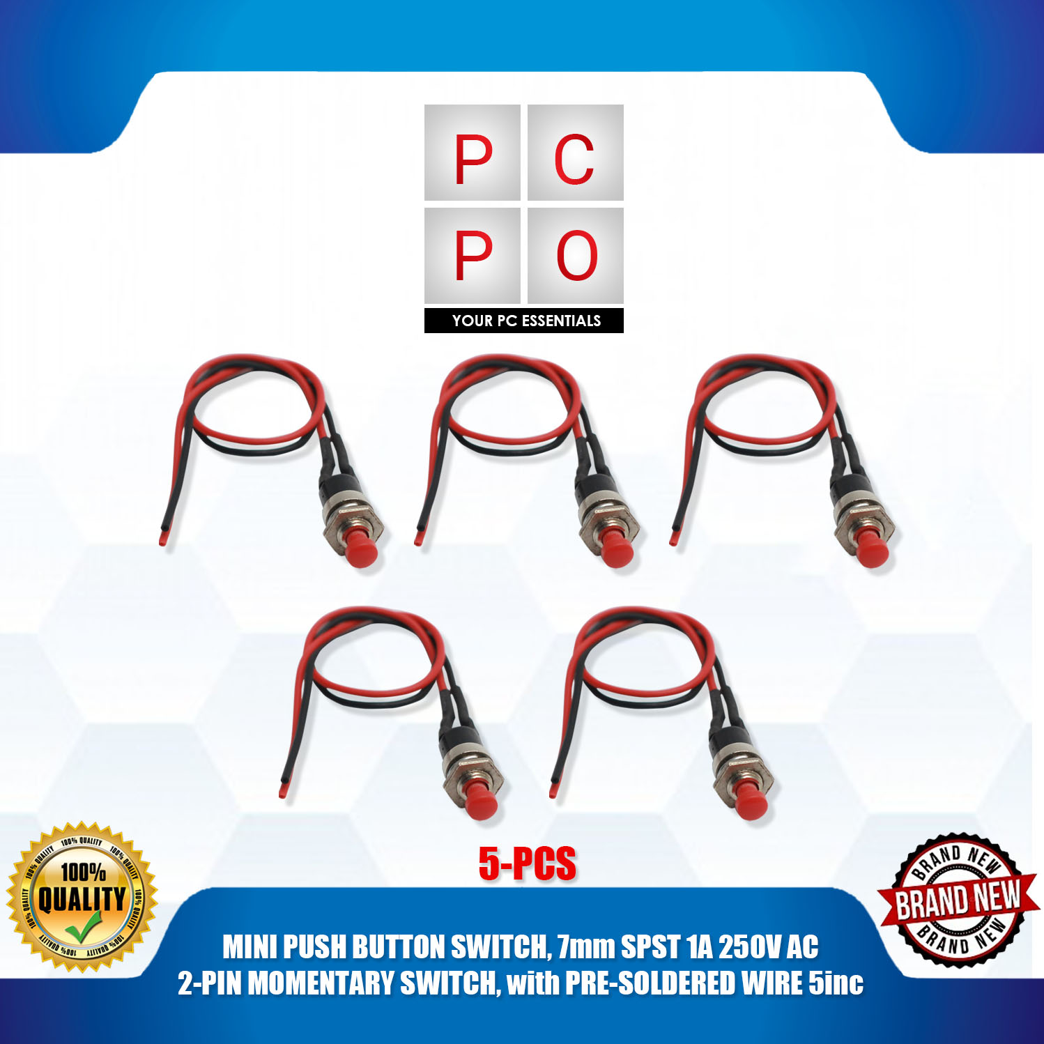 MINI PUSH BUTTON SWITCH, 7mm SPST 1A 250V AC 2-PIN MOMENTARY SWITCH, with PRE-SOLDERED WIRE 5inc ...