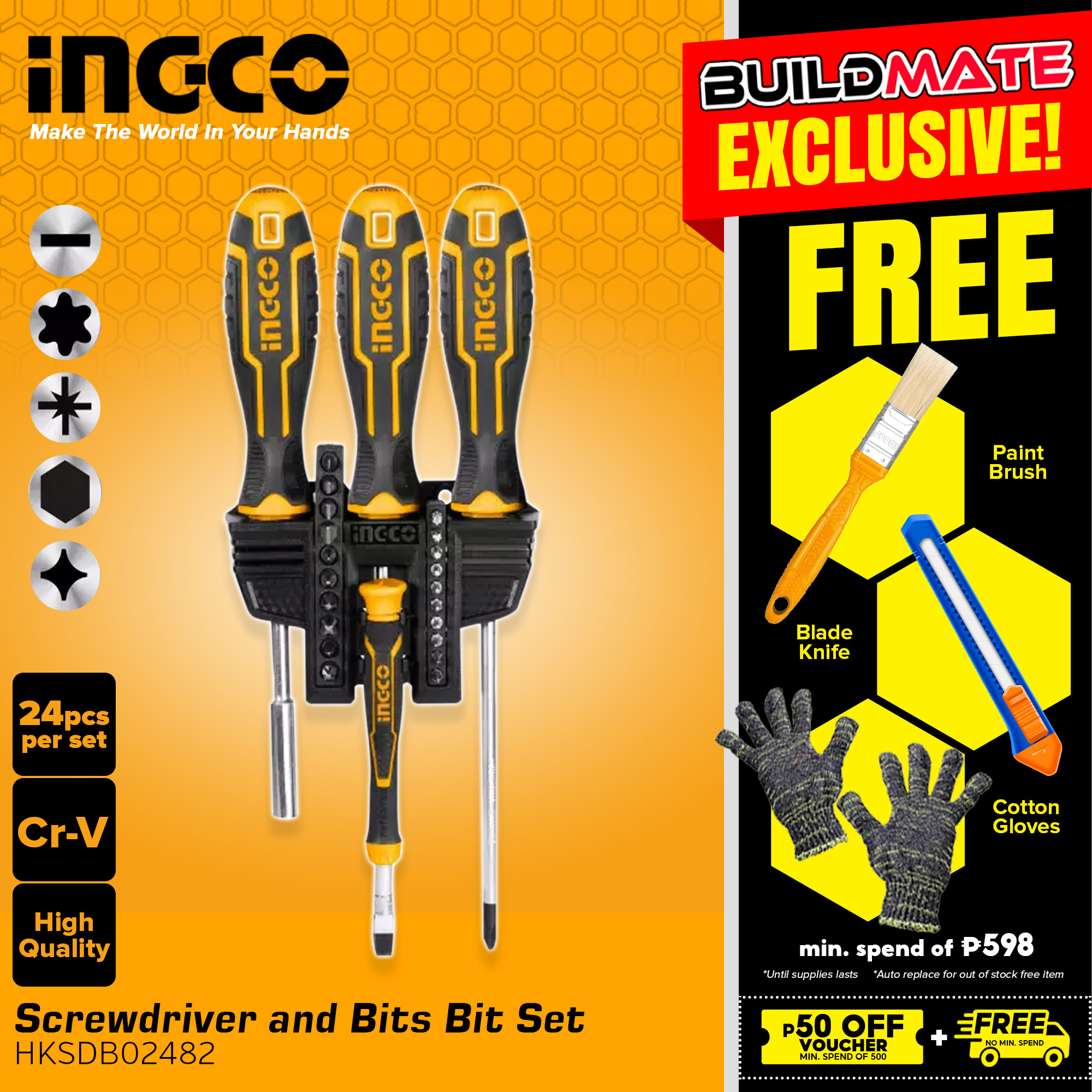INGCO 24PCS/SET Screwdriver and Bits Bit Set HKSDB02482 •BUILDMATE• IHT ...