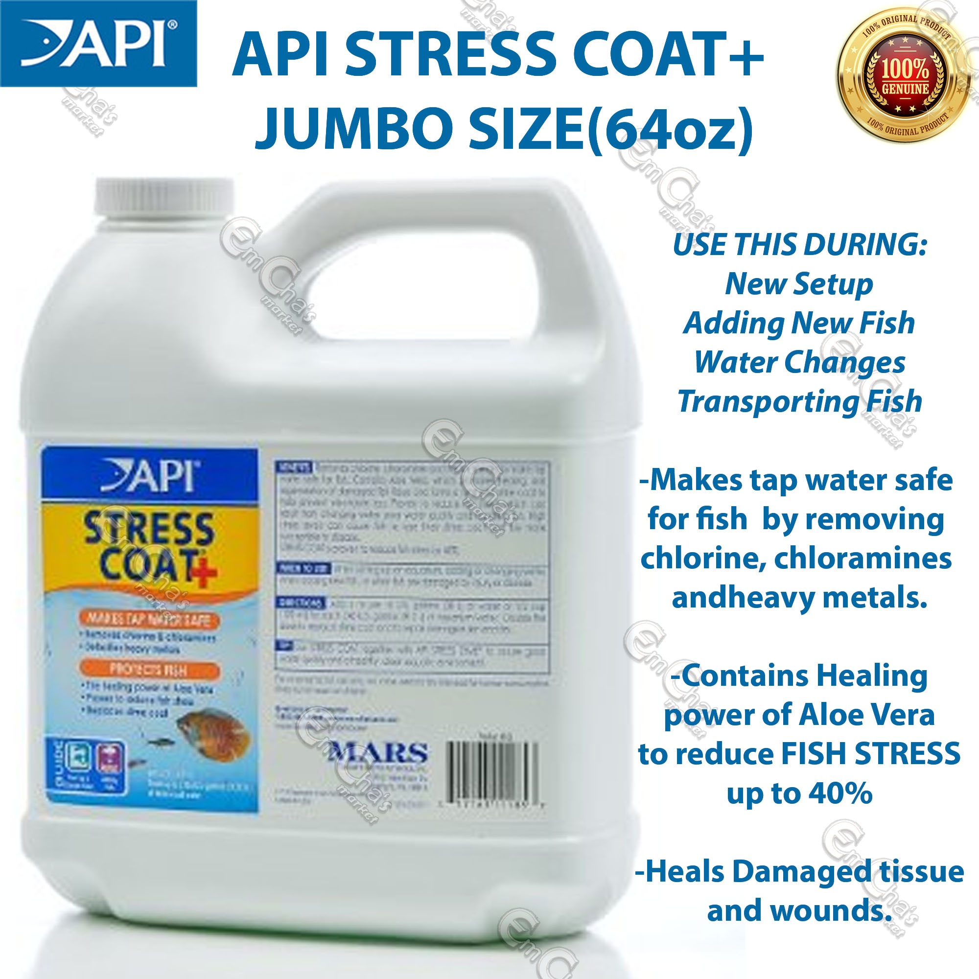 API JUMBO JUG Stress Coat 64oz (1.89L) Tap Water Fixer, Fish Stress ...
