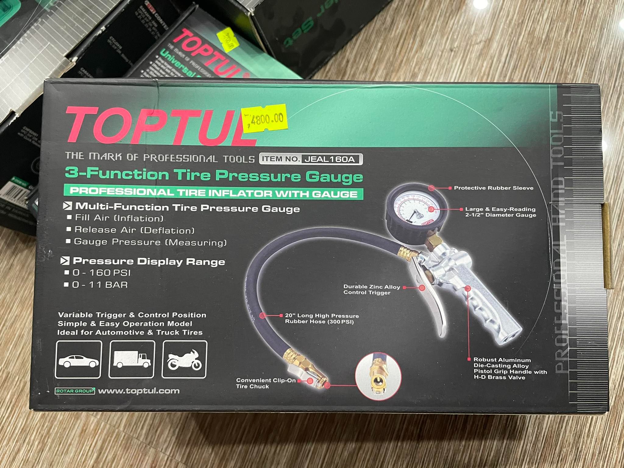 TOPTUL 3-FUNCTION TIRE PRESSURE GAUGEPROFFESIONAL TIRE INFLATOR QITH ...