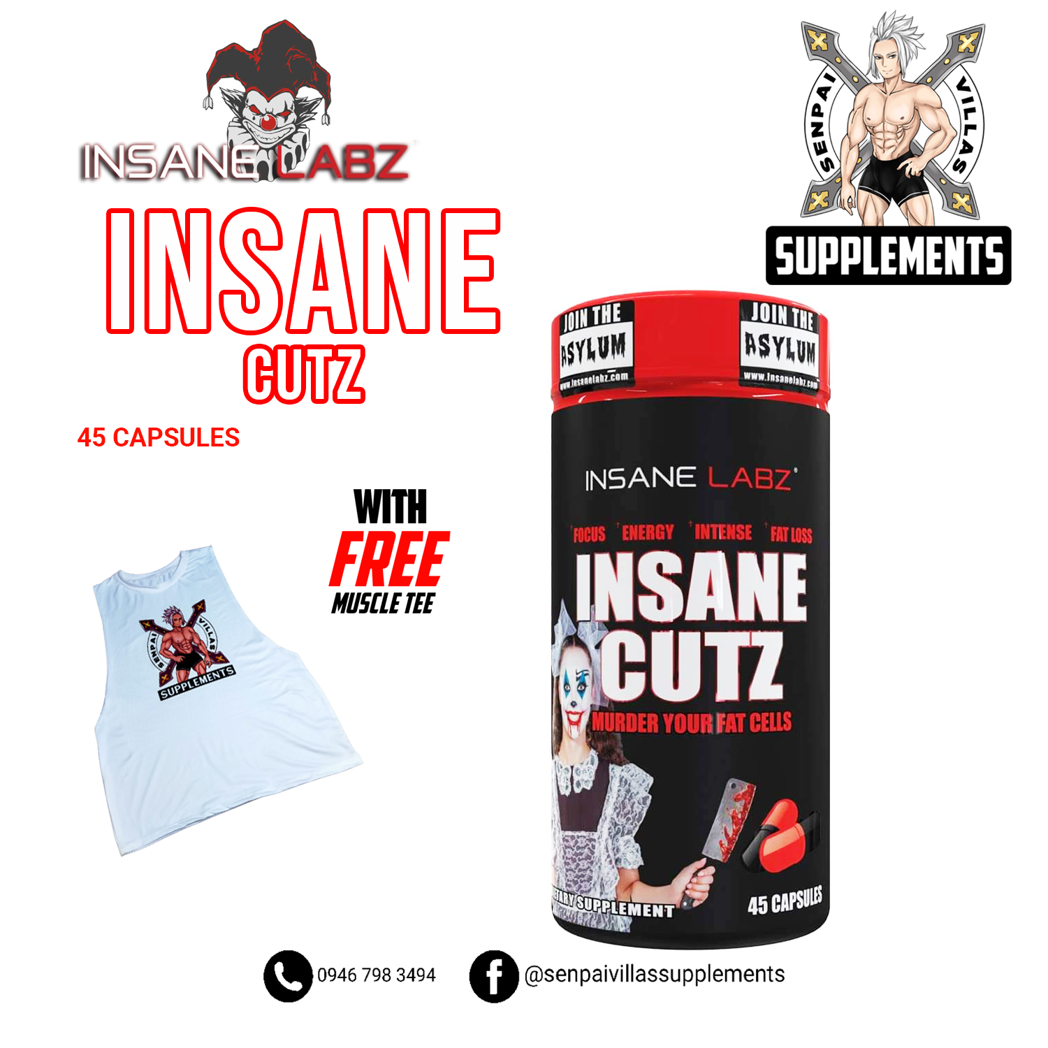 INSANE LABZ INSANE CUTZ 45 CAPSULES WITH FREE MUSCLE TEE | Lazada PH