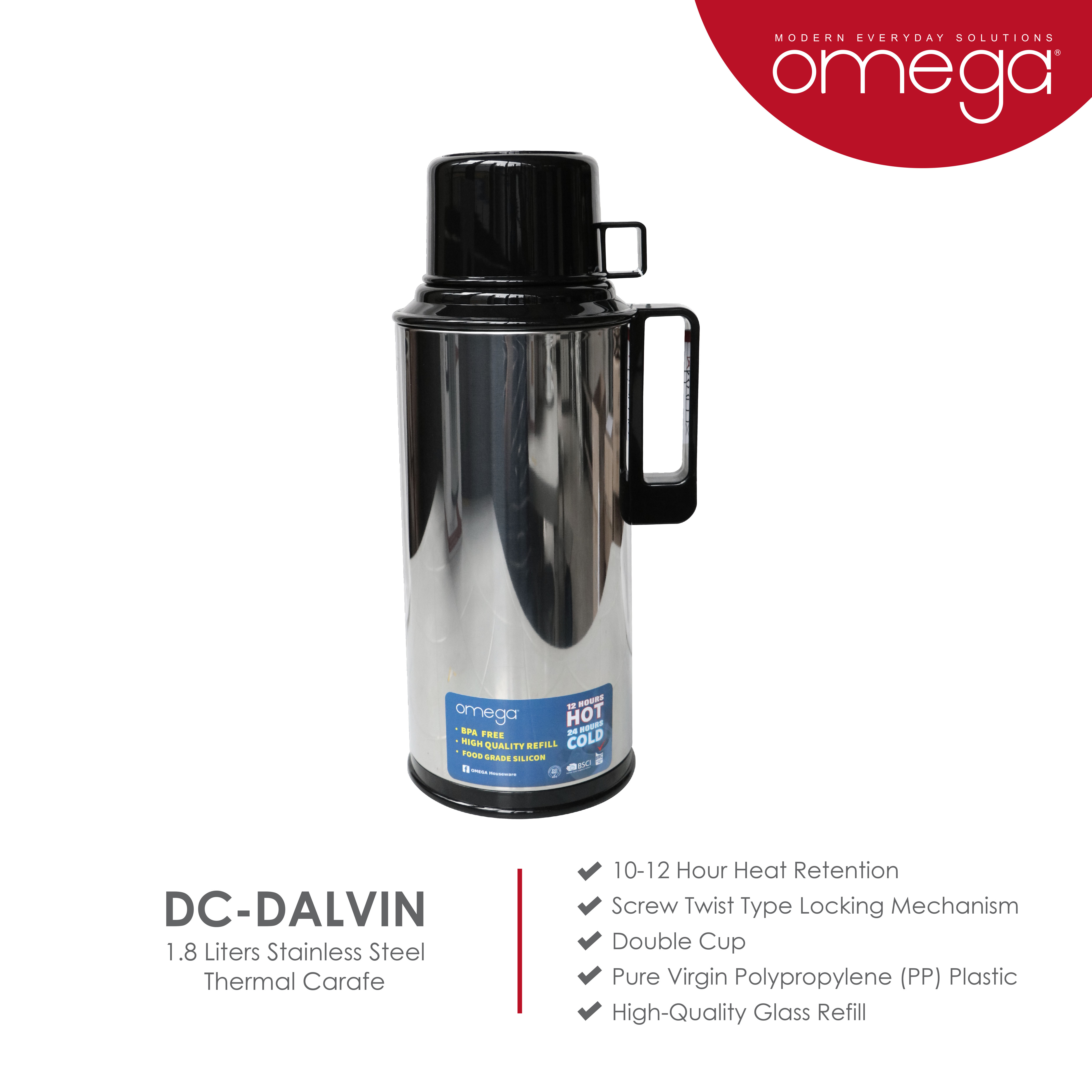 Omega Houseware Dalvin Stainless Steel Drinking Thermal Carafe 1.8L 10 ...