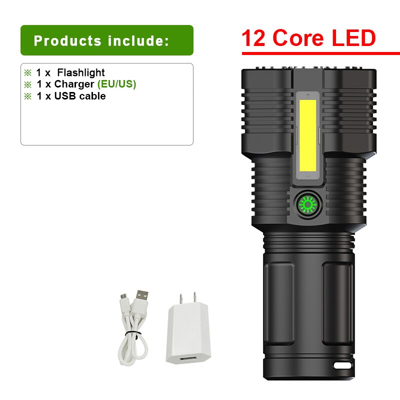 Super Powerful led flashlight 18650 Rechargeable 12 Wick Waterproof ...