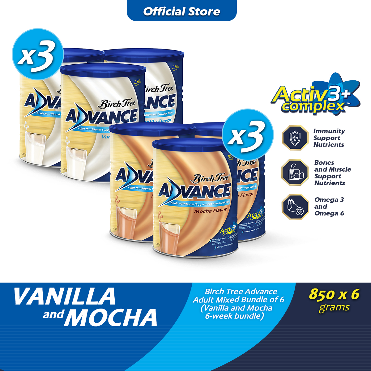 Birch Tree Advance Powdered Milk Mixed Bundle of 6 (Vanilla 850g x 3 and Mocha 850g x 3, 6 ...