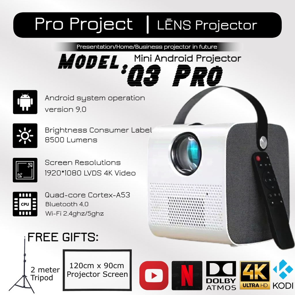Android Version Q3 PRO Portable Smart Mini Projector *Free Screen + Tripod *home projector home ...