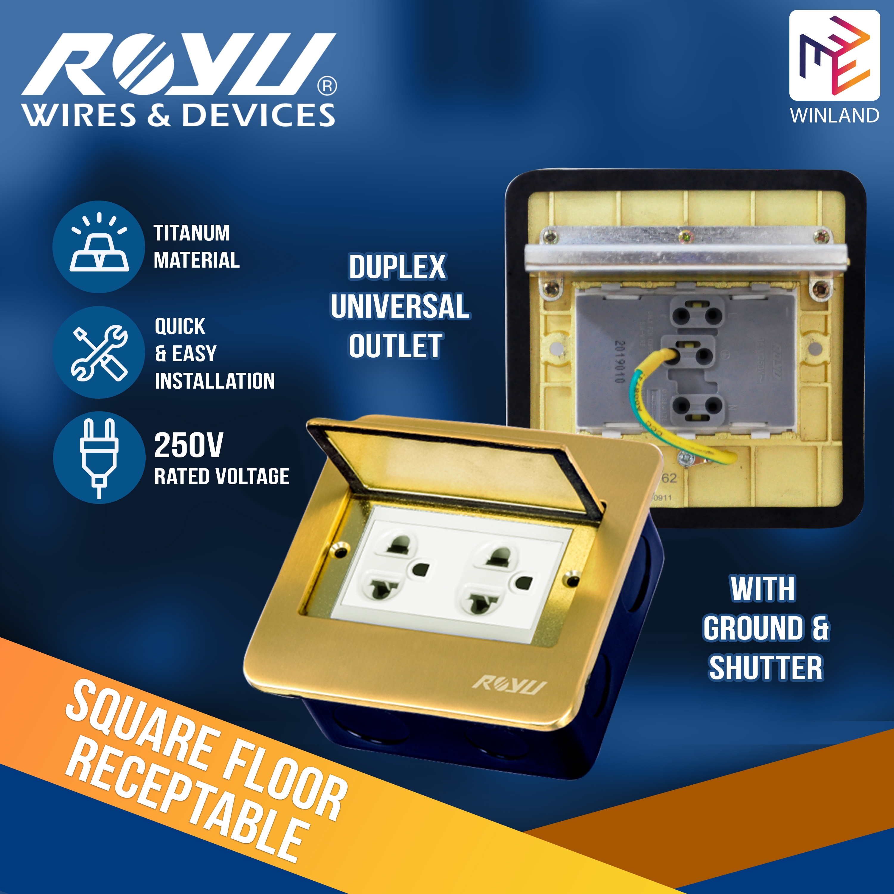 ROYU by Winland Square Floor Receptacle w/ Duplex Universal Outlet w ...