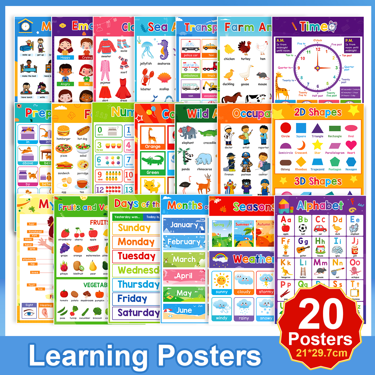 4PCS / 6PCS / 20PCS Cognition Posters Wall Chart Educational Preschool ...