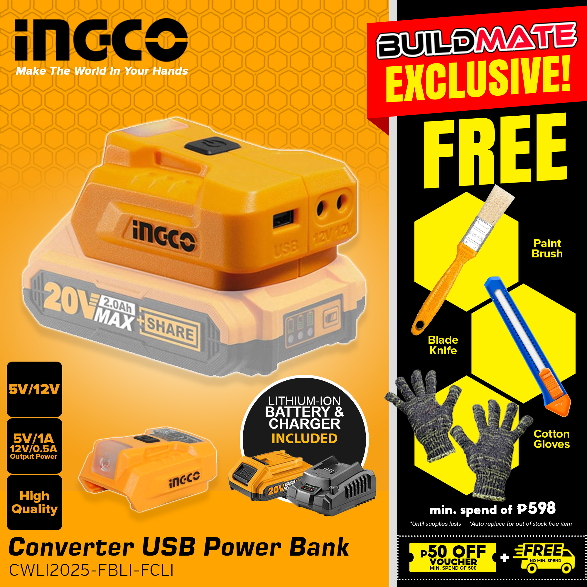 INGCO Cordless LI-ION Lithium Ion USB A Charger Power Bank 20V with ...