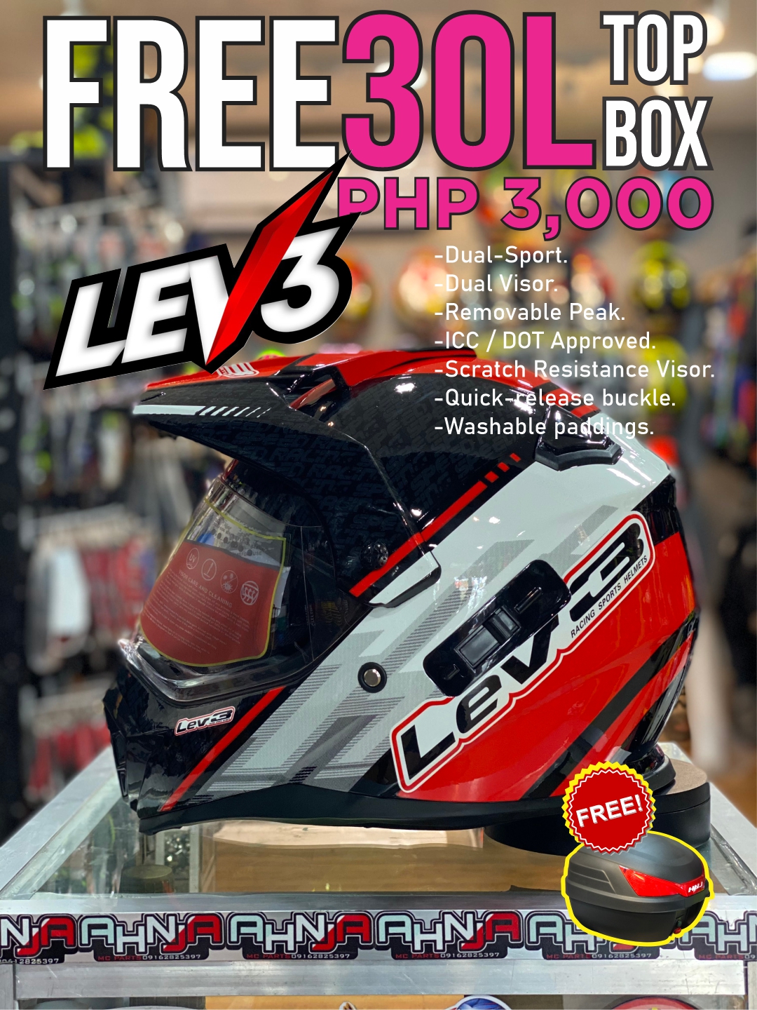 LEV3 BJ8910 MOTARD DUAL SPORT AND MOTOCROSS HELMET WITH FREE 30 LITERS ...