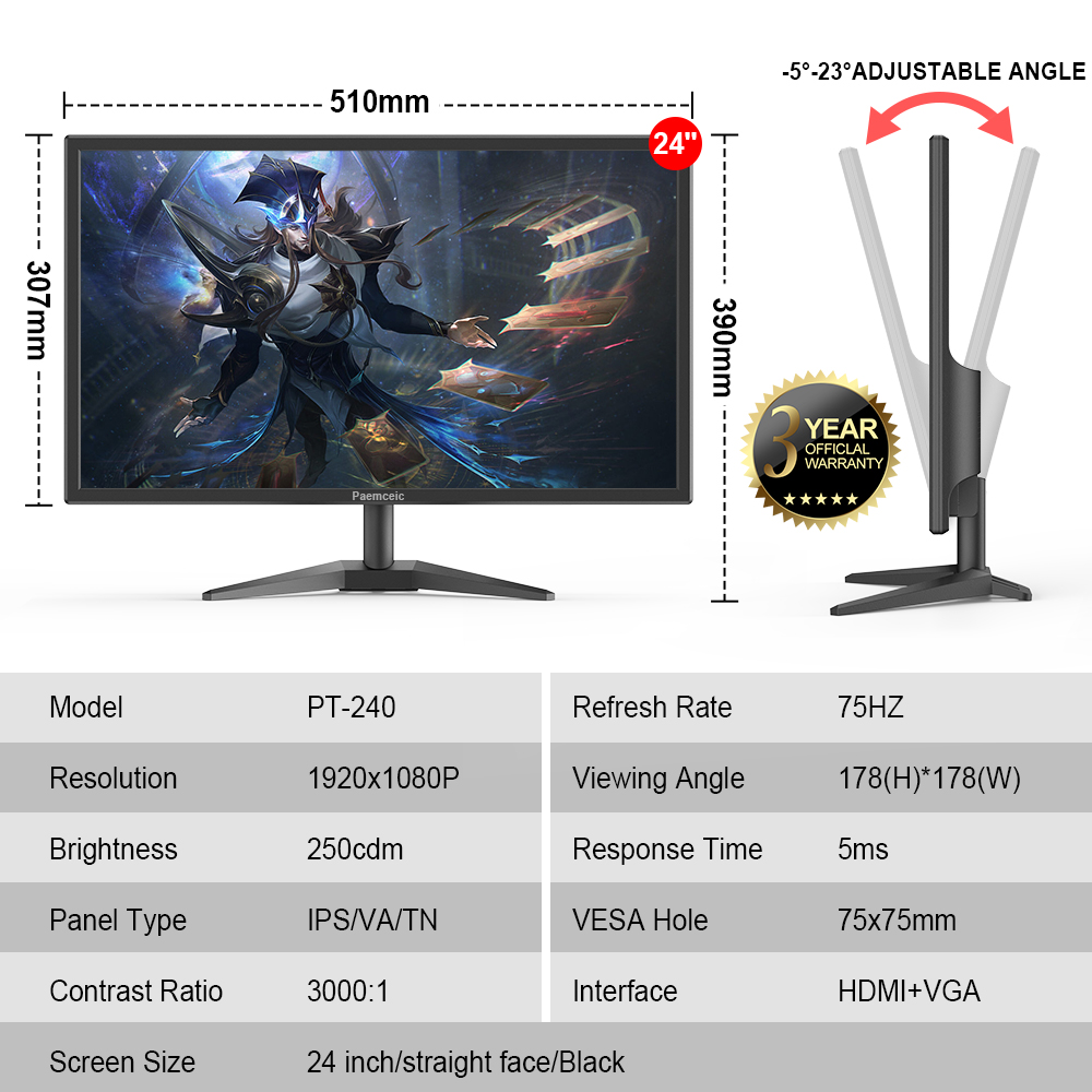 LENOBLE Monitor PC Monitor 24 inch LED Monitor 1080P 75HZ HDMI VGA DP ...