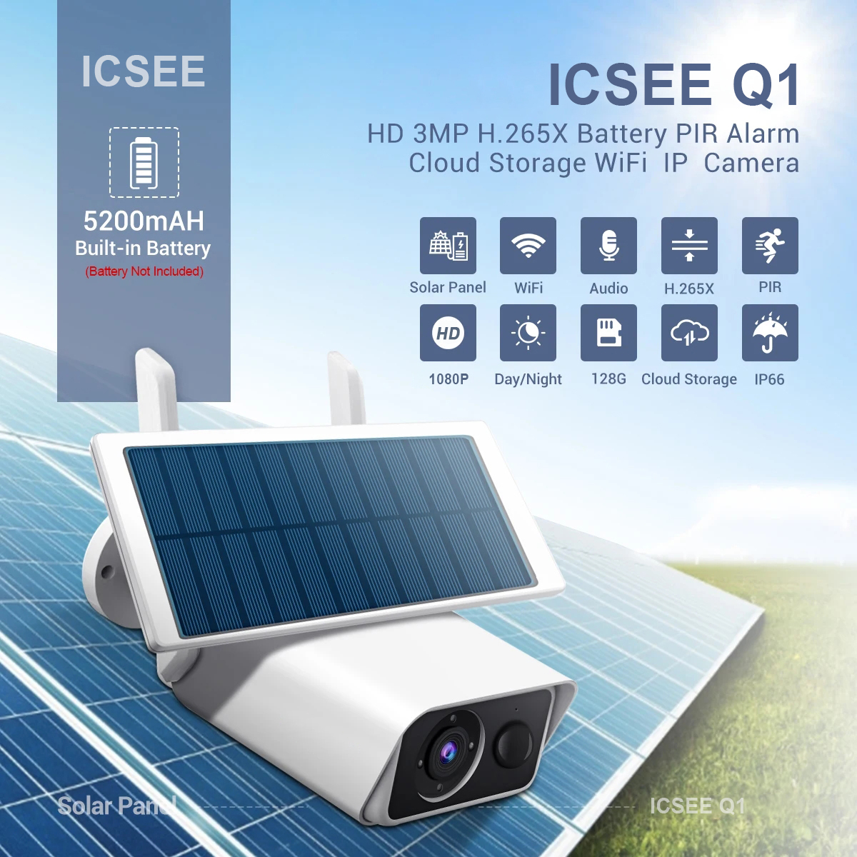 ICSEE Q1 Solar CCTV Outdoor 4MP HD 1080P Wireless WiFi PIR Human ...