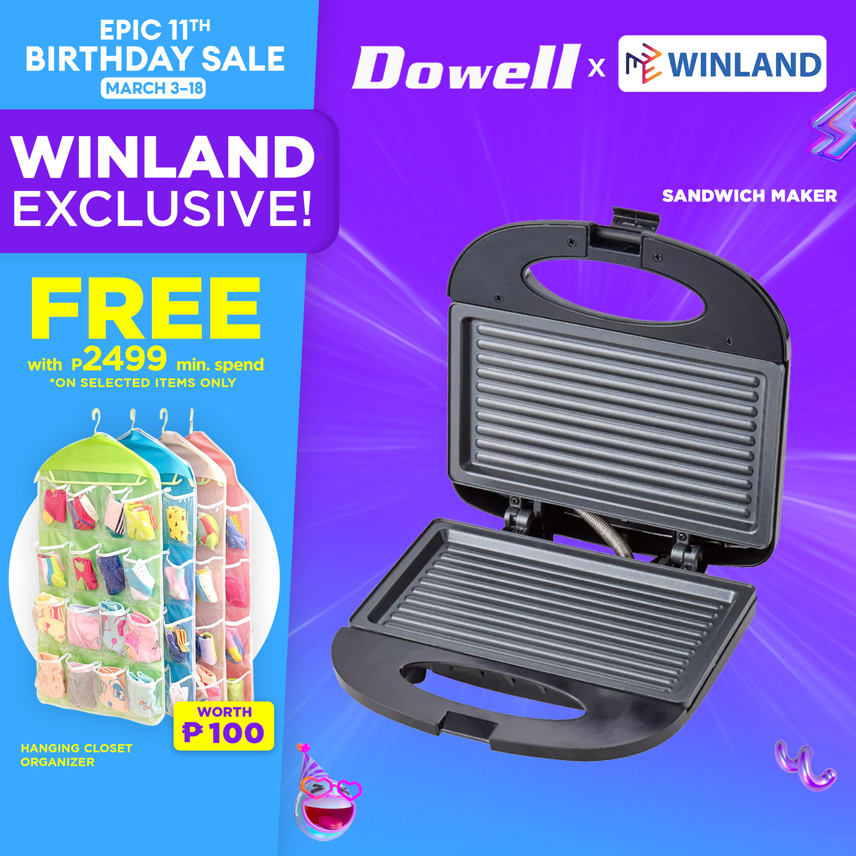 DOWELL by Winland Non-Stick Sandwich Maker Sandwich Toaster 800w SMG ...