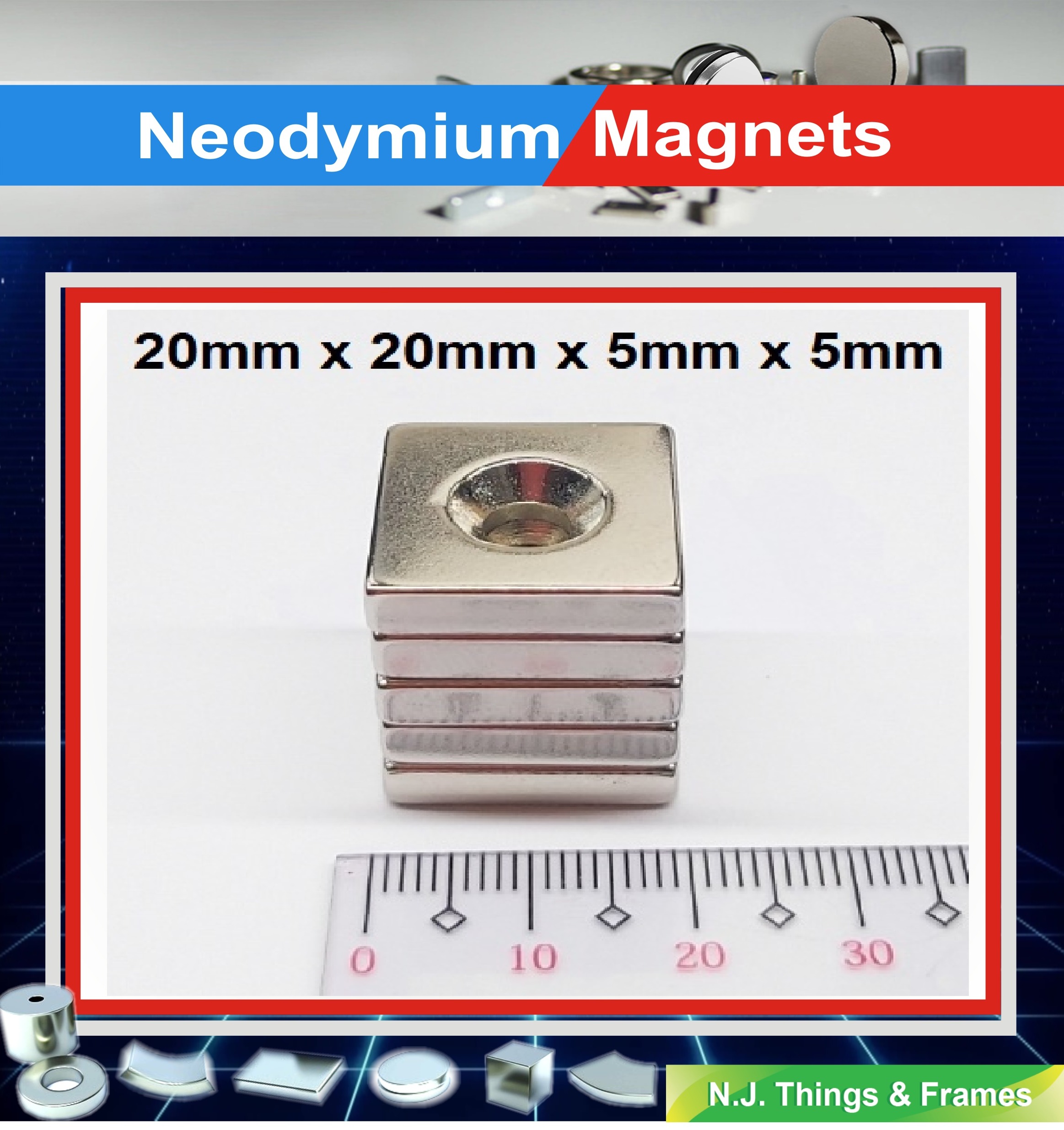 5 pcs N50 20mm x 20mm x 5mm x 5mm Neodymium Cuboid Magnet with 5mm Hole ...