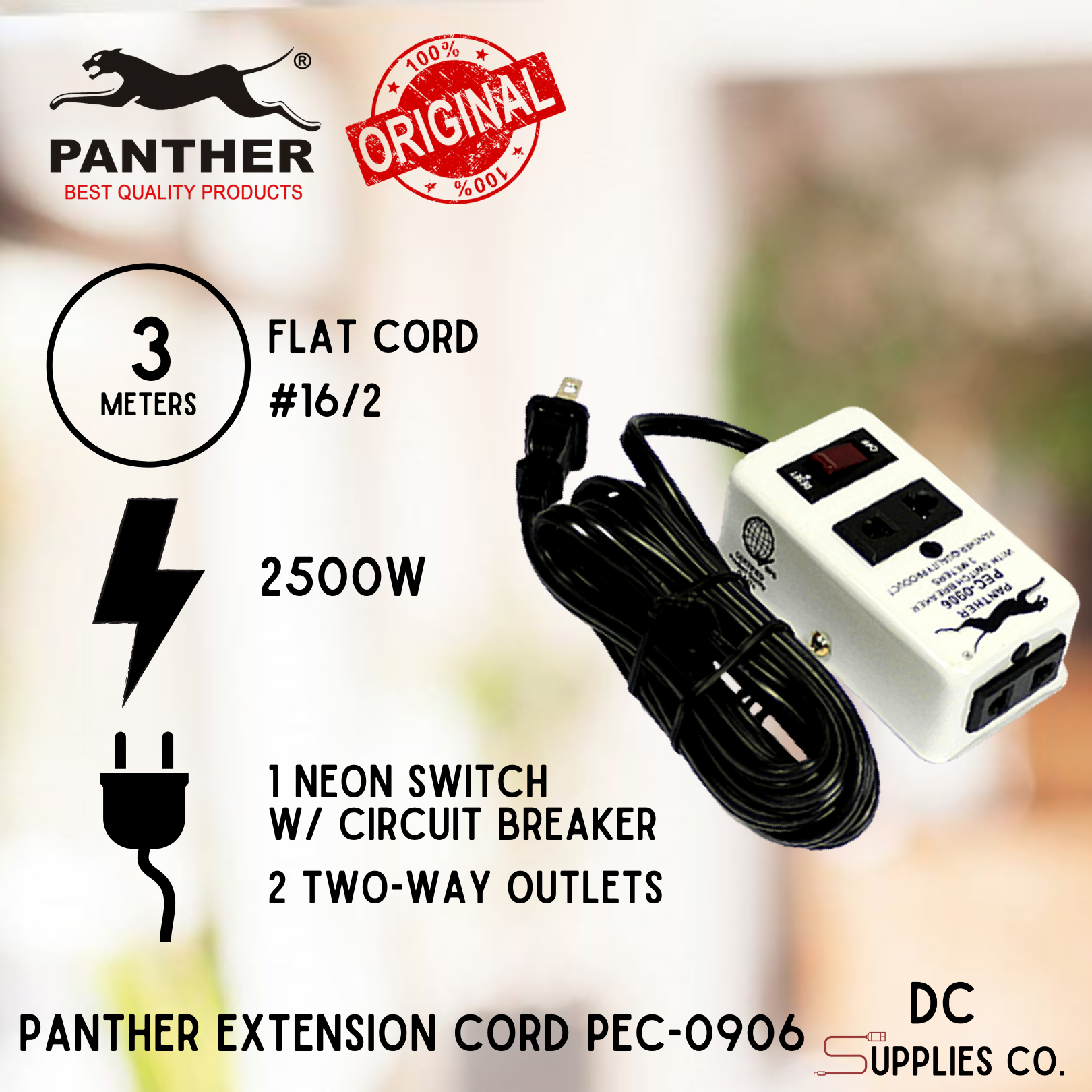 PEC 0906: Panther 2 Gang Extension Cord w/ Switch and 3 Meter Wire ...