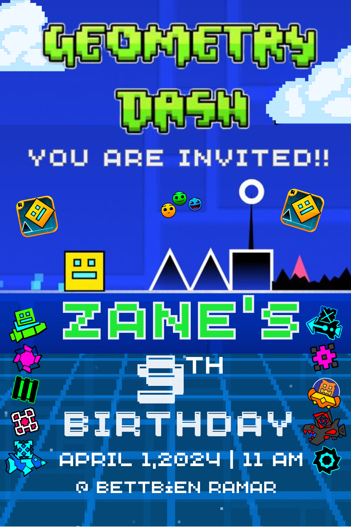Geometry Dash Theme Birthday Invitation Card Customized - 4X6 INCHES ...
