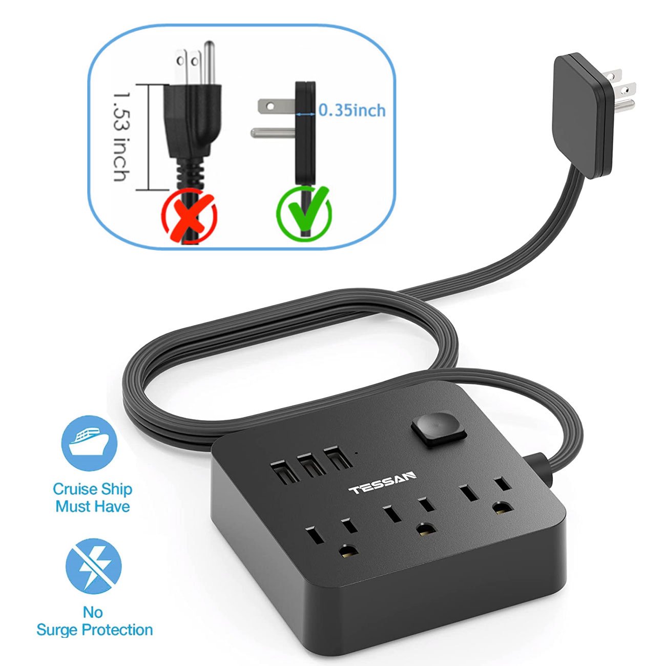 Extension Leads Adapter Power Strip Flat Plug Extension Cord with 3 USB ...