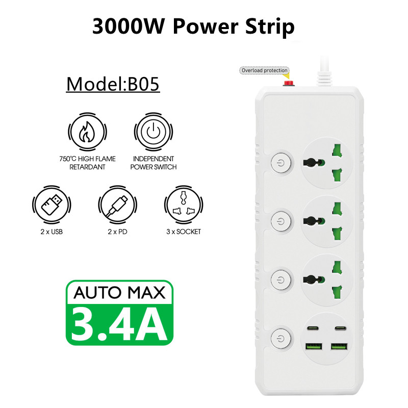 (Free Gift)3000W Extension Wire Socket Outlet US Plug Power Strip ...