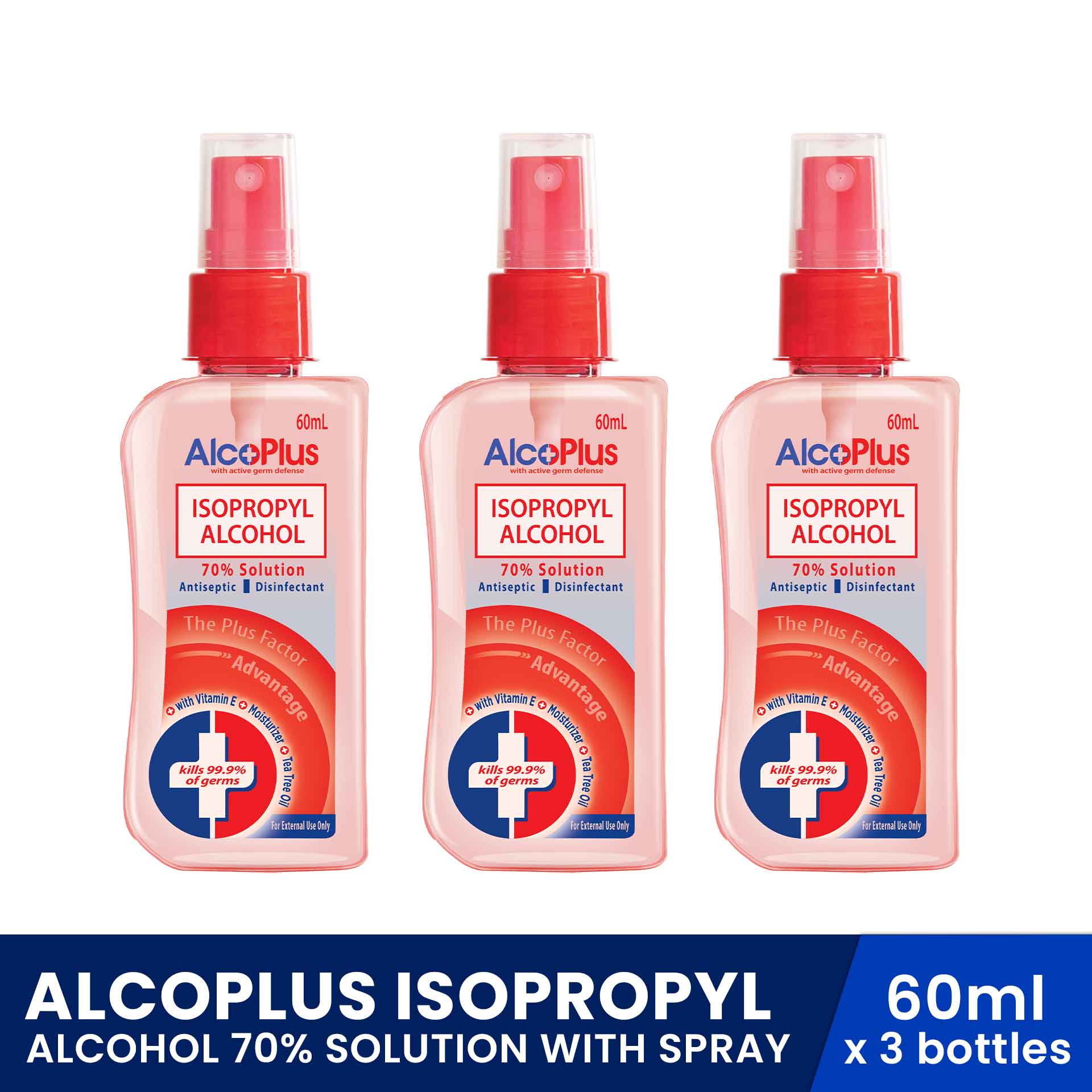 ALCOPLUS Isopropyl Alcohol 70% Solution with Spray 60ml x 3 bottles ...