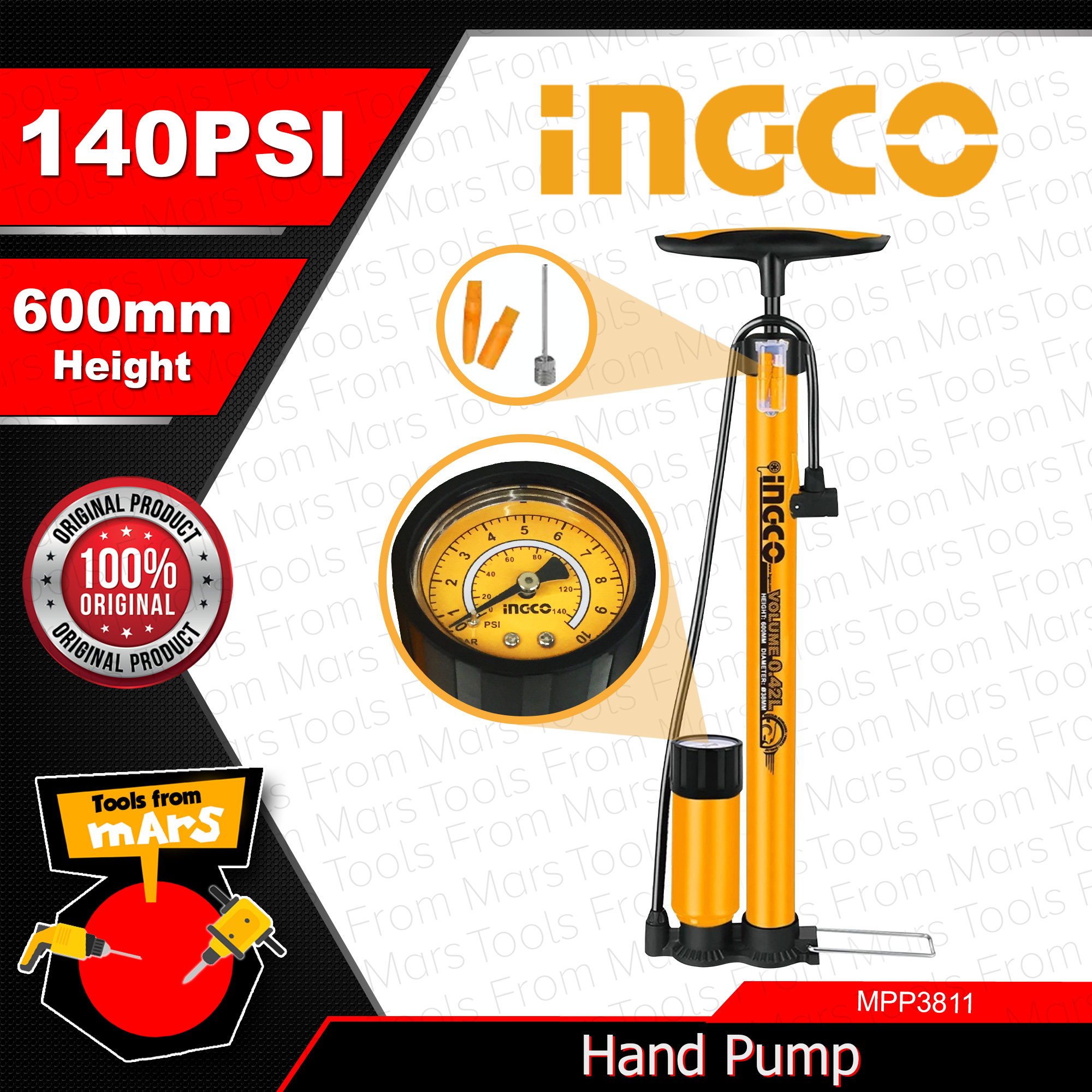 Ingco MPP3811 Tire Hand Pump Inflator 0.42L 140PSI with Plastic Base ...