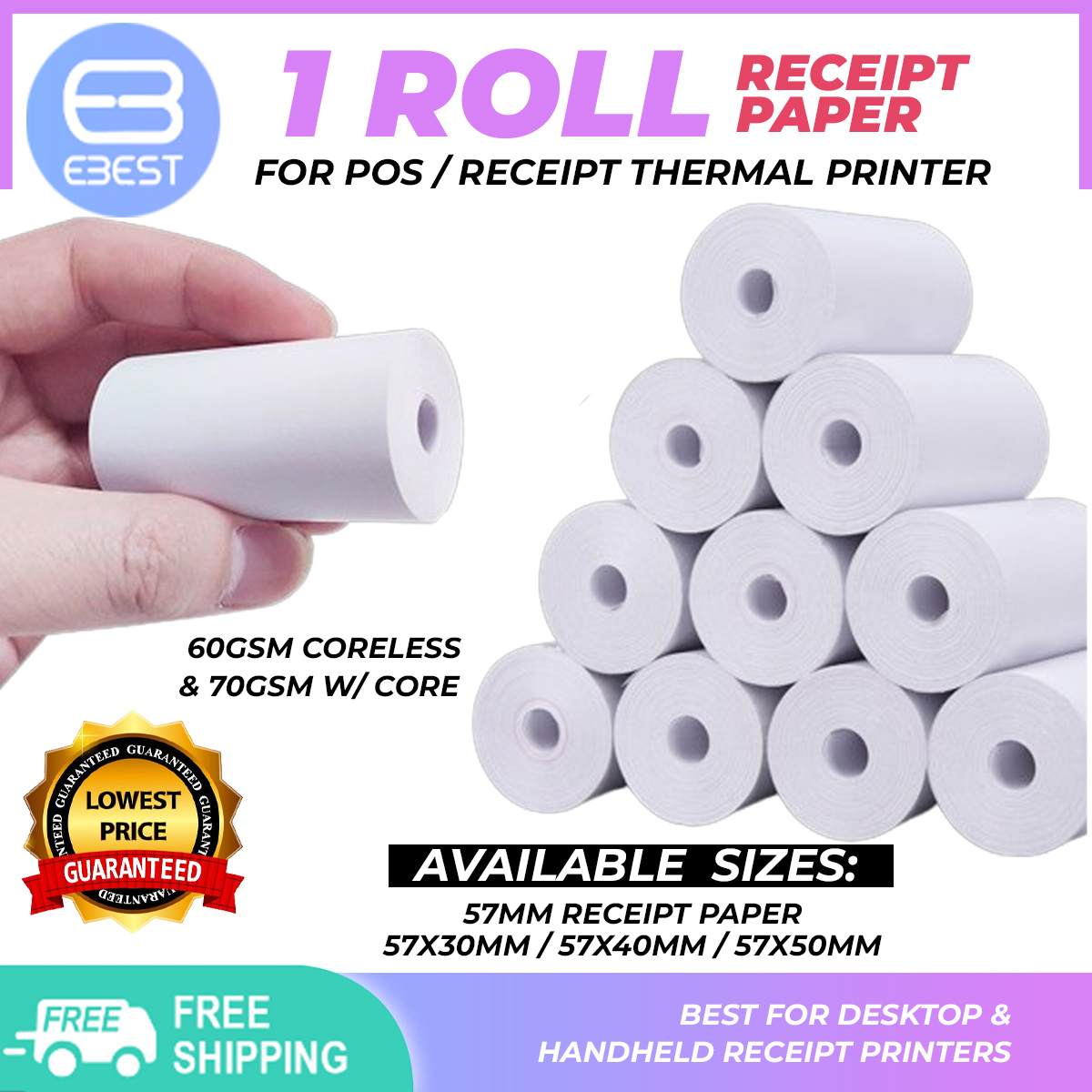 1 Roll Thermal Receipt Paper 57x30mm 57x40mm 57x50mm Inkless Printer ...