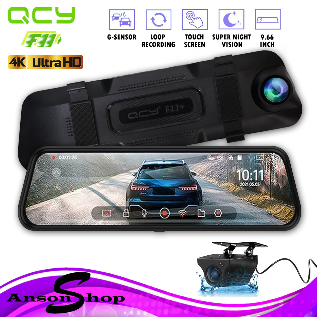 QCY F11+ Ultra HD 4K+1080P 9.66" Touch Screen Quad HD 170° Viewing ...