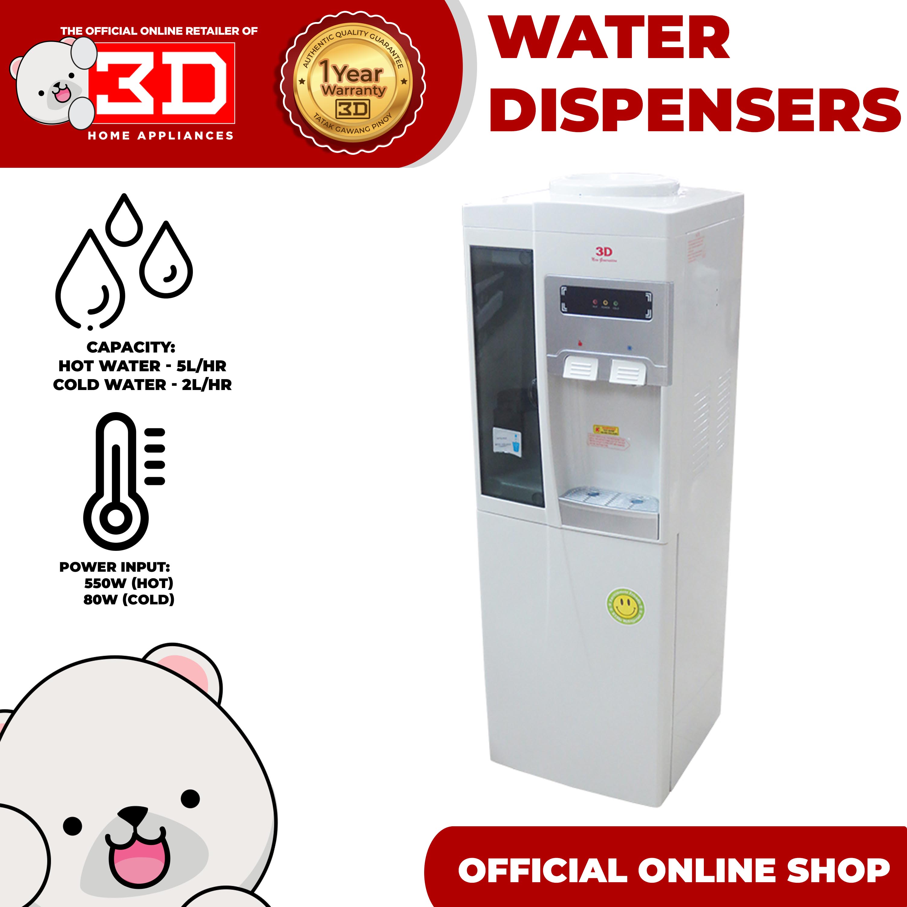 3D WD-530GH Hot & Cold Water Dispenser with Storage & Glass Cabinet ...