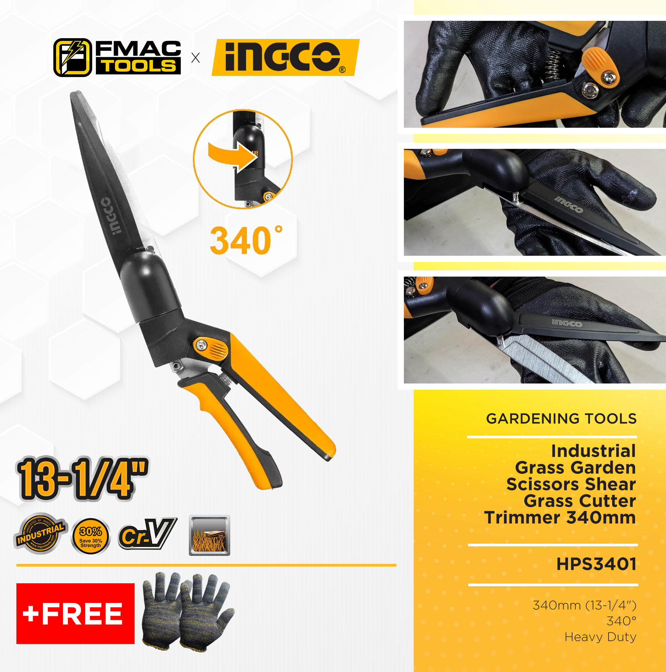 INGCO Grass Garden Scissors Shear Grass Cutter Trimmer 340mm HPS3401 + FREEBIES FMAC TOOLS ...