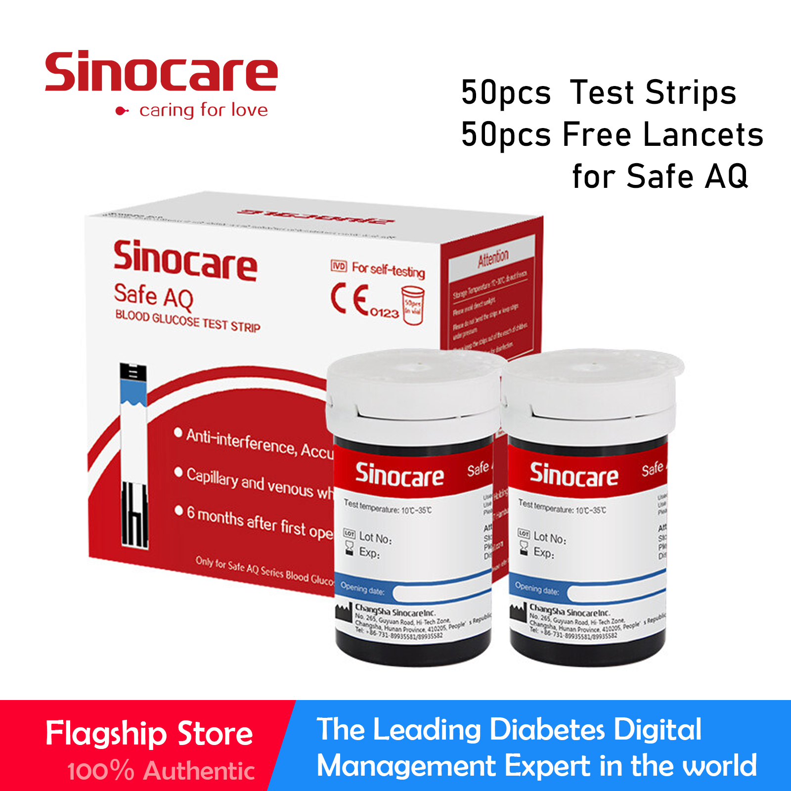 Sinocare Safe-AQ 50pcs Blood Glucose Test Strips Only for Safe AQ Voice ...