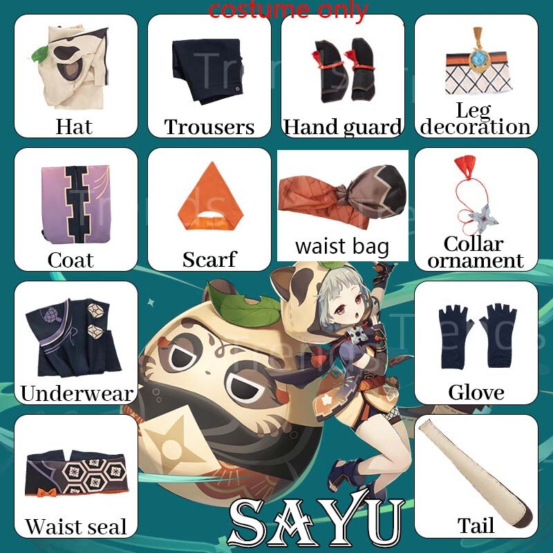 Game Genshin Impact Honey Sayu Cosplay Costume Lovely Dress Hat Tail ...