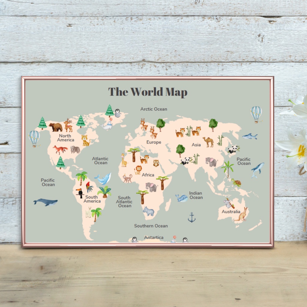 A4 A3 Animals World Map, Animal World Map Print, Nursery Wall Art ...