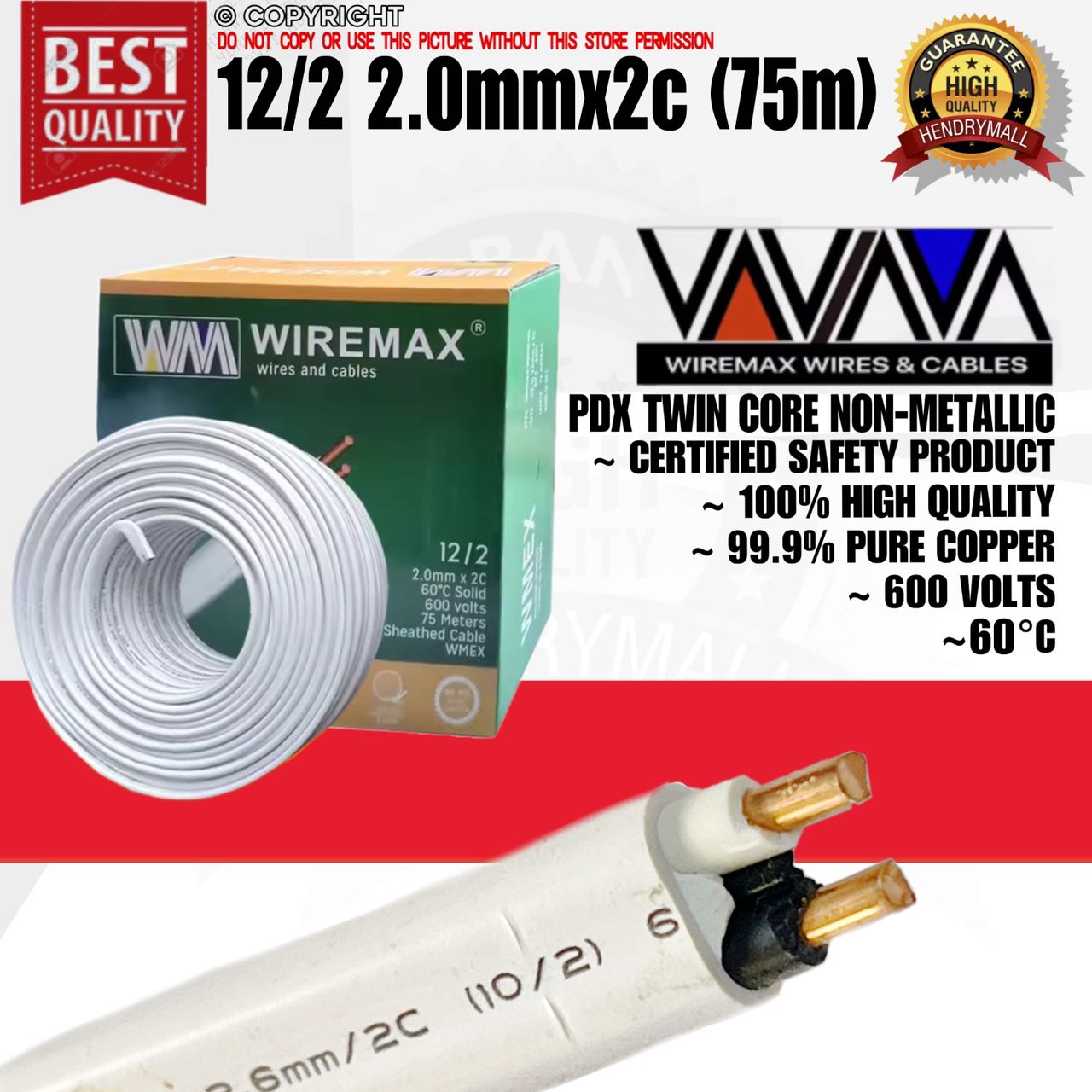 WIREMAX PDX WIRE TWIN CORE NON-METALLIC SHEATHED CABLE PURE COPPER 99.9 ...