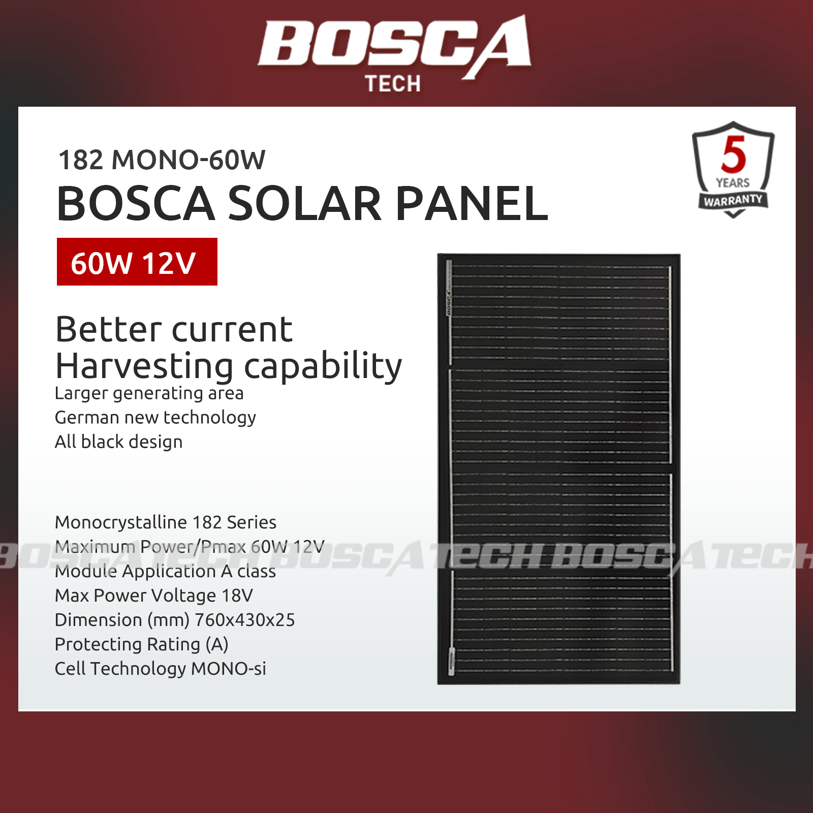 BOSCA Monocrystalline Solar Panel 5YEAR WARRANTY MONO 60W 120W 180W ...