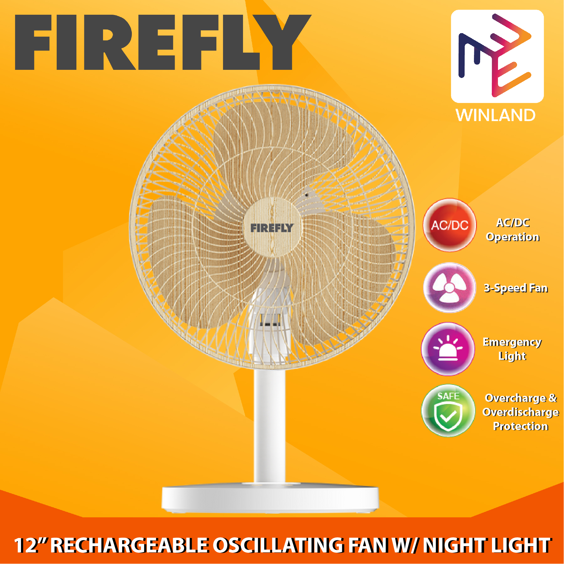 FIREFLY By Winland 12 inch Rechargeable Fan Light/wood design - FEL662 ...