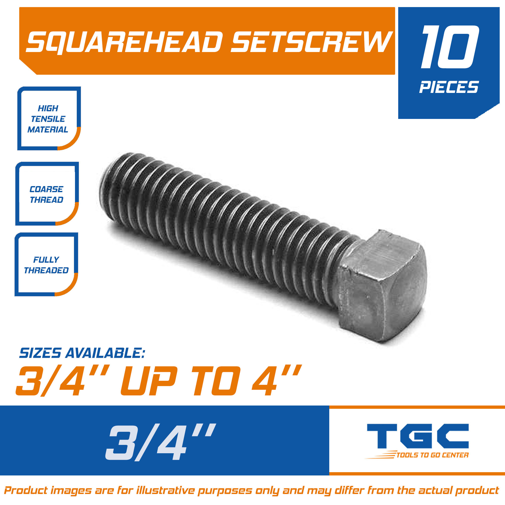 10 PCS 3/4 inches Square Head Setscrew High Tensile Square Head Bolt ...