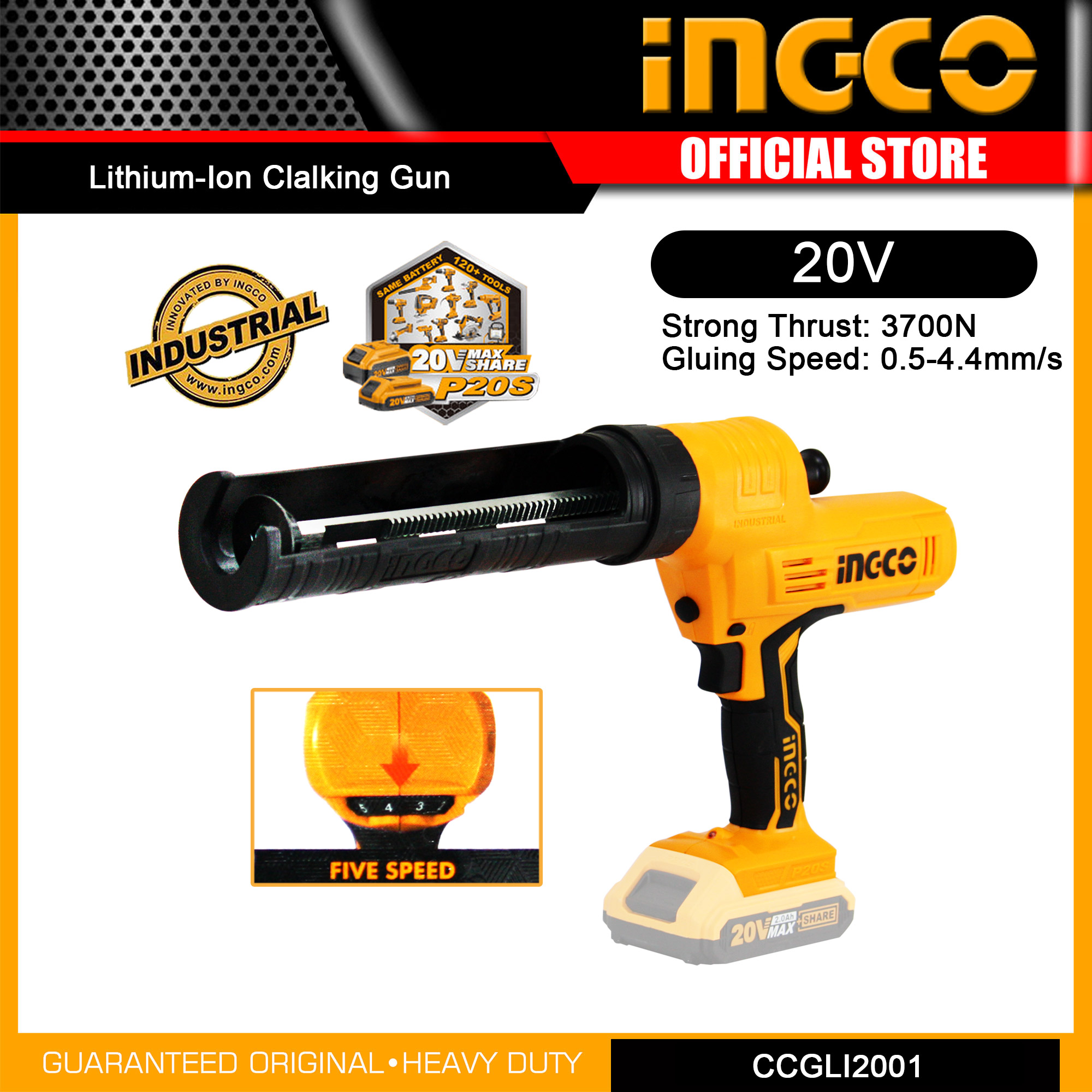 INGCO CCGLI2001 Li-Ion Lithium Ion Silicon Sealant Caulking Gun 20V ...