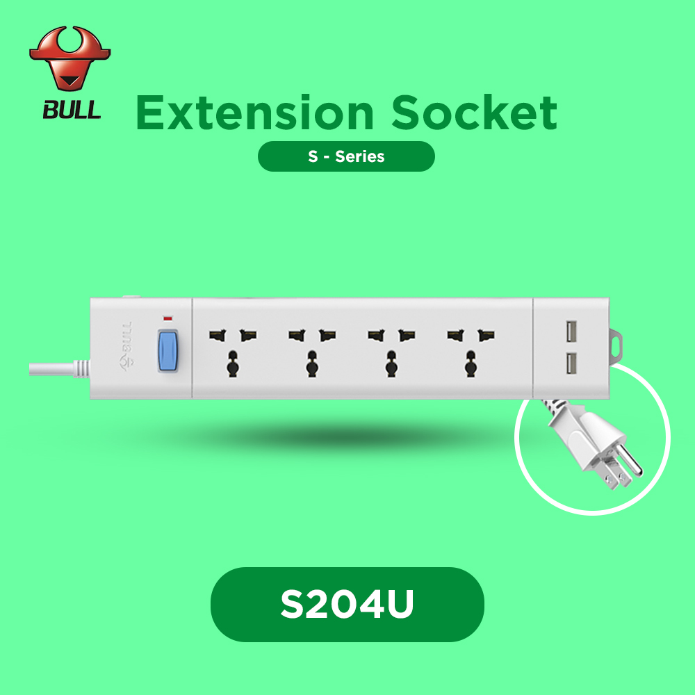 Bull Extension Socket S Series S204U 200cm Cable 4 Outlets 2 USB 2500w ...
