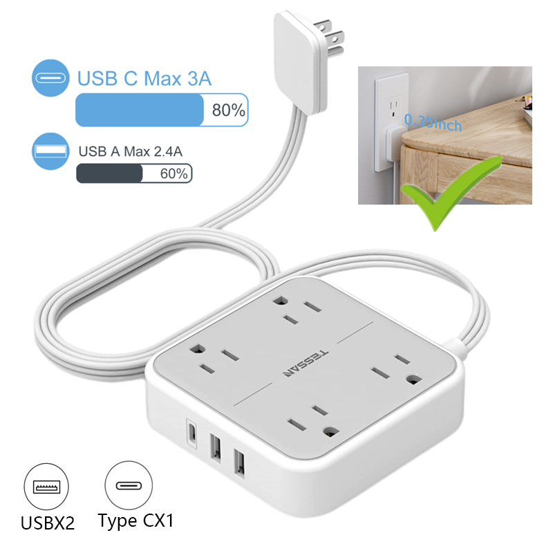 Extension Wire Flat Plug Type C Power Strip with USB C, TESSAN Multi ...