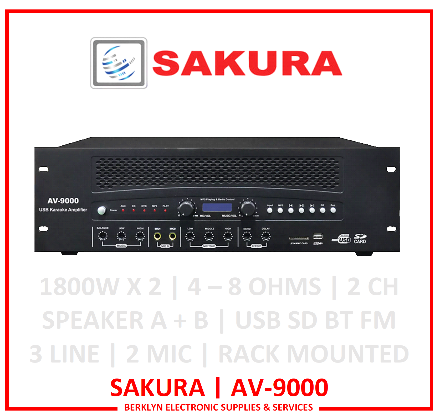 SAKURA AV-9000 / 2CH KARAOKE AMPLIFIER / MP3 USB SD BLUETOOTH FM / 2 LINE INPUT / 1800W x 2 ...