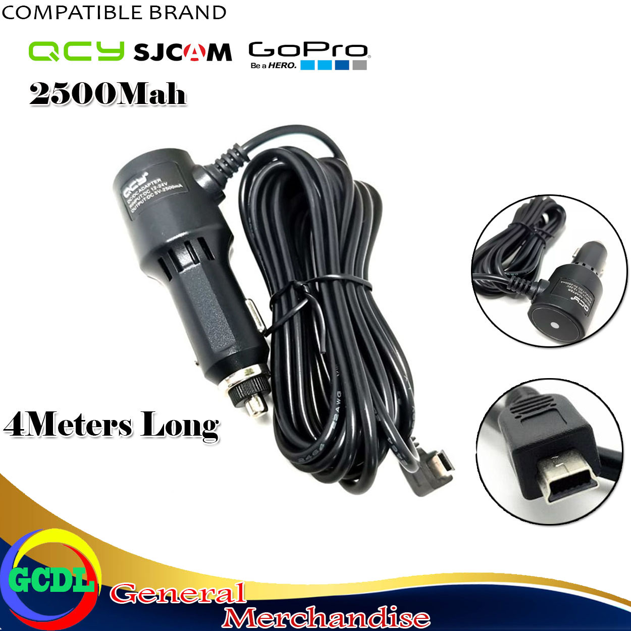 Mini USB 11FT long Car Charger In-Car Power Supply for Dashcam DVR GPS ...